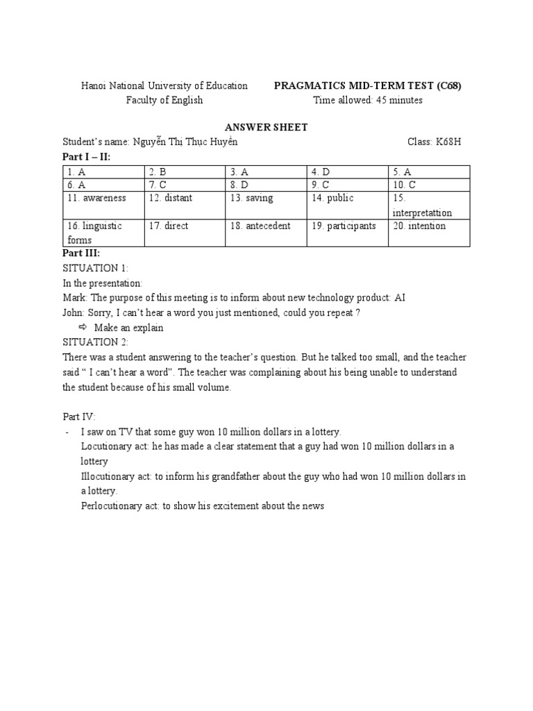 Pragmatics Midterm Test Answer Sheet | PDF Pragmatics Midterm Test Answer Sheet | PDF