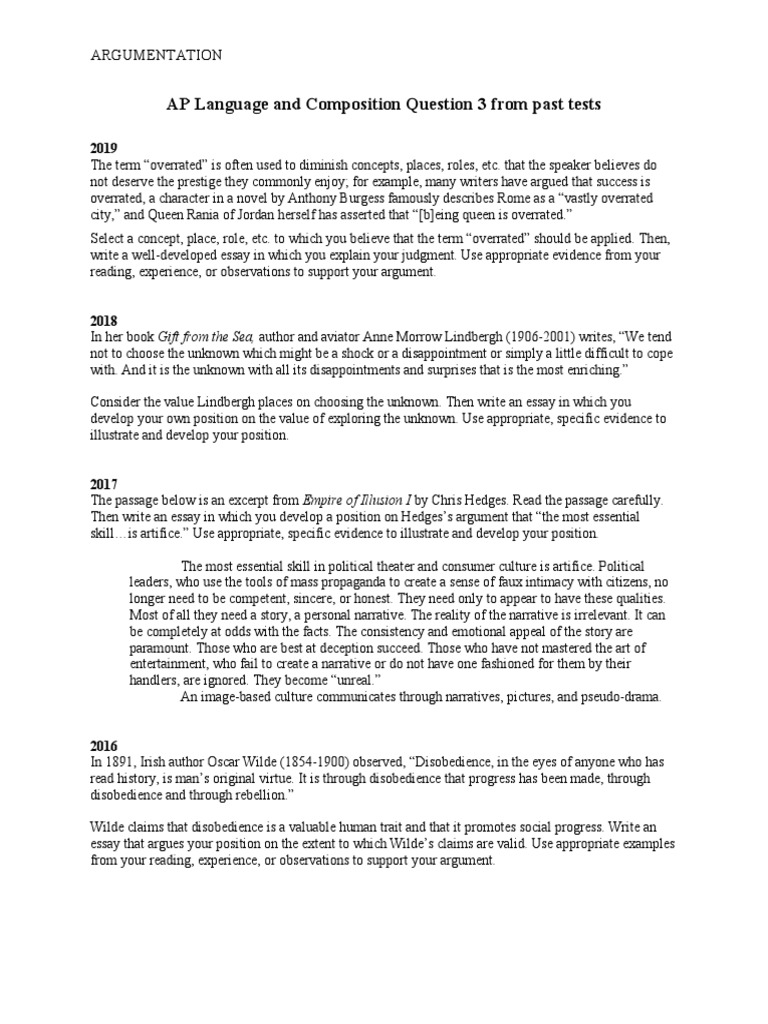 AP Lang Q3 Argumentation Question 3 From Past Exams | PDF | Certainty ...