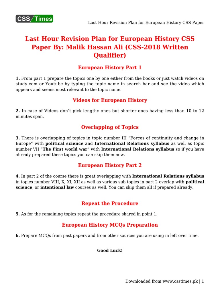 Last Hour Revision Plan For European History CSS Paper | PDF