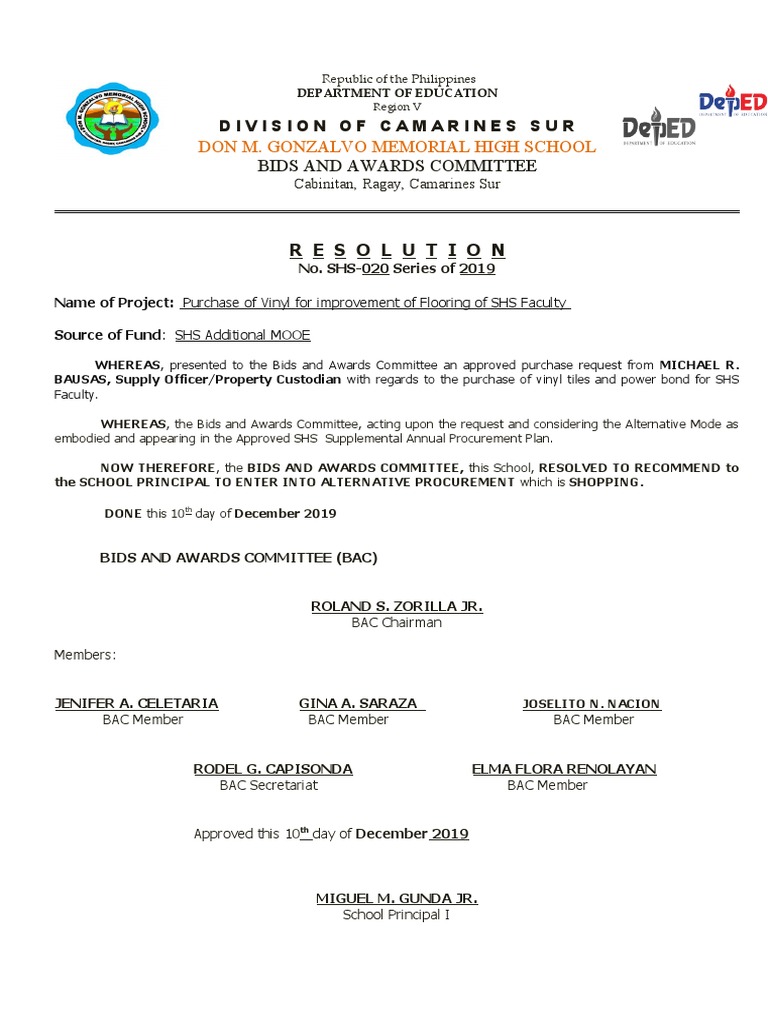 Don M. Gonzalvo Memorial High School: Bids and Awards Committee | PDF ...