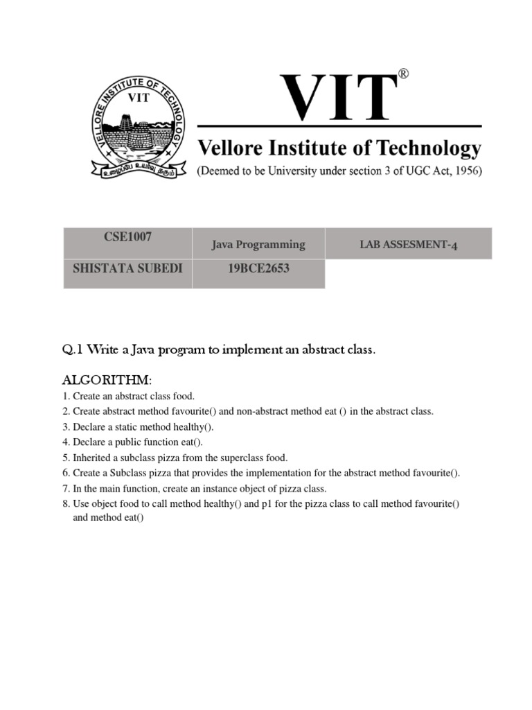 Cse1007 Java Programming Lab Assesment 4 Shistata Subedi 19bce2653 Pdf Method Computer