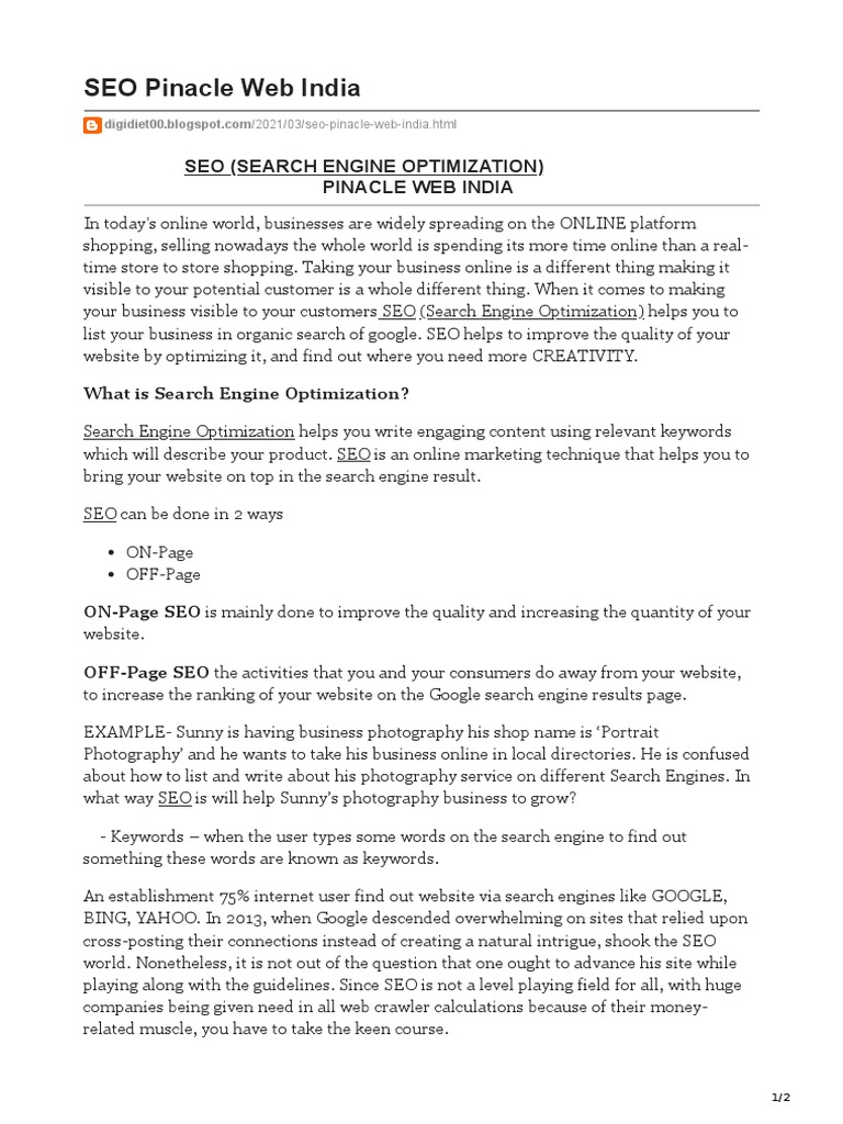 SEO Pinacle Web India | PDF | Search Engine Optimization | Internet Search
