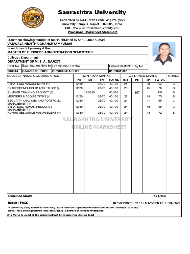 MBA Semester 3 Marksheet for Nishtha Vadwala | PDF | Educational Stages ...