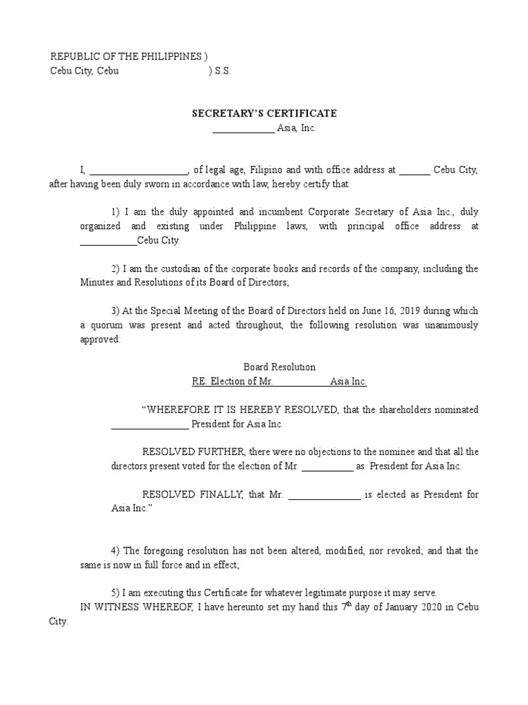 Secretary's Certificate For Election | PDF