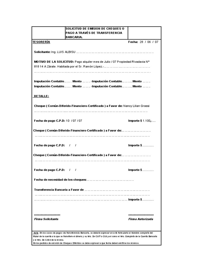 Solicitud Emision Cheques | PDF