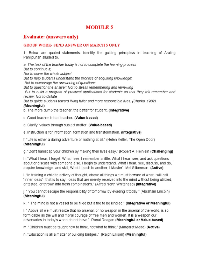 Evaluate: (Answers Only) : Group Work-Send Answer On March 5 Only | PDF ...