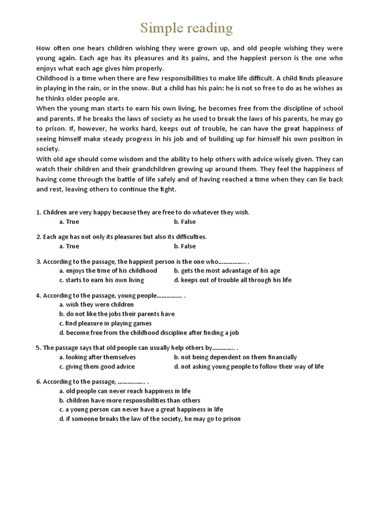 Simple Reading Reading Comprehension Exercises - 93105 | PDF