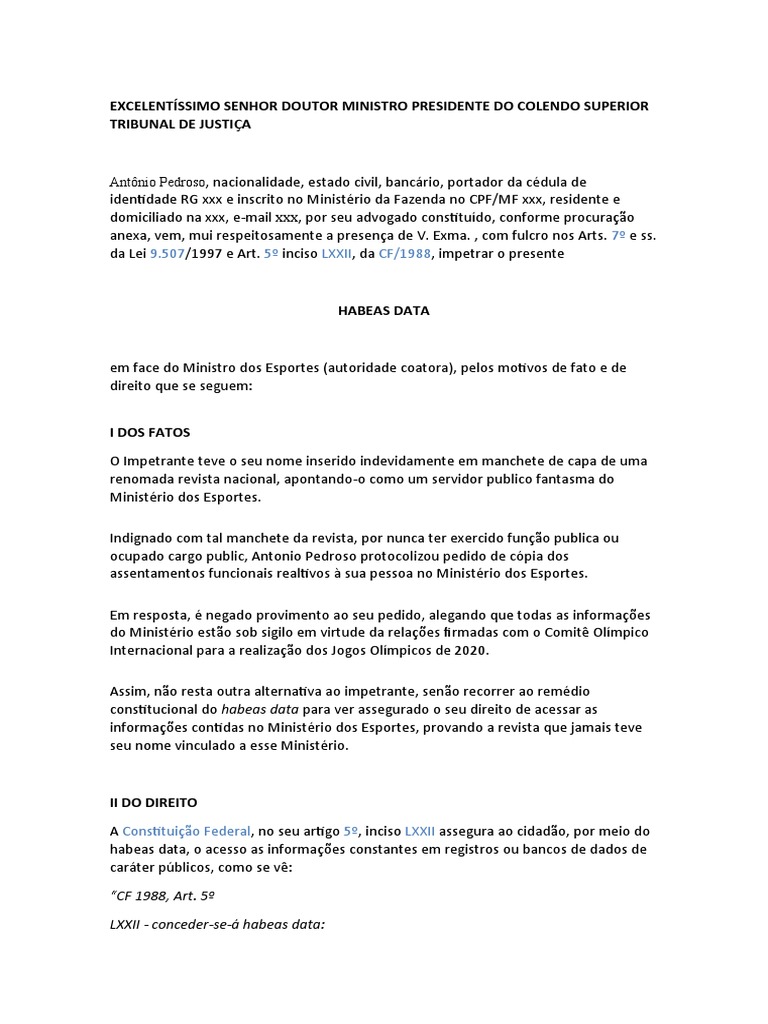 Modelo Habeas Data | Download grátis PDF | Justiça | Crime e Violência