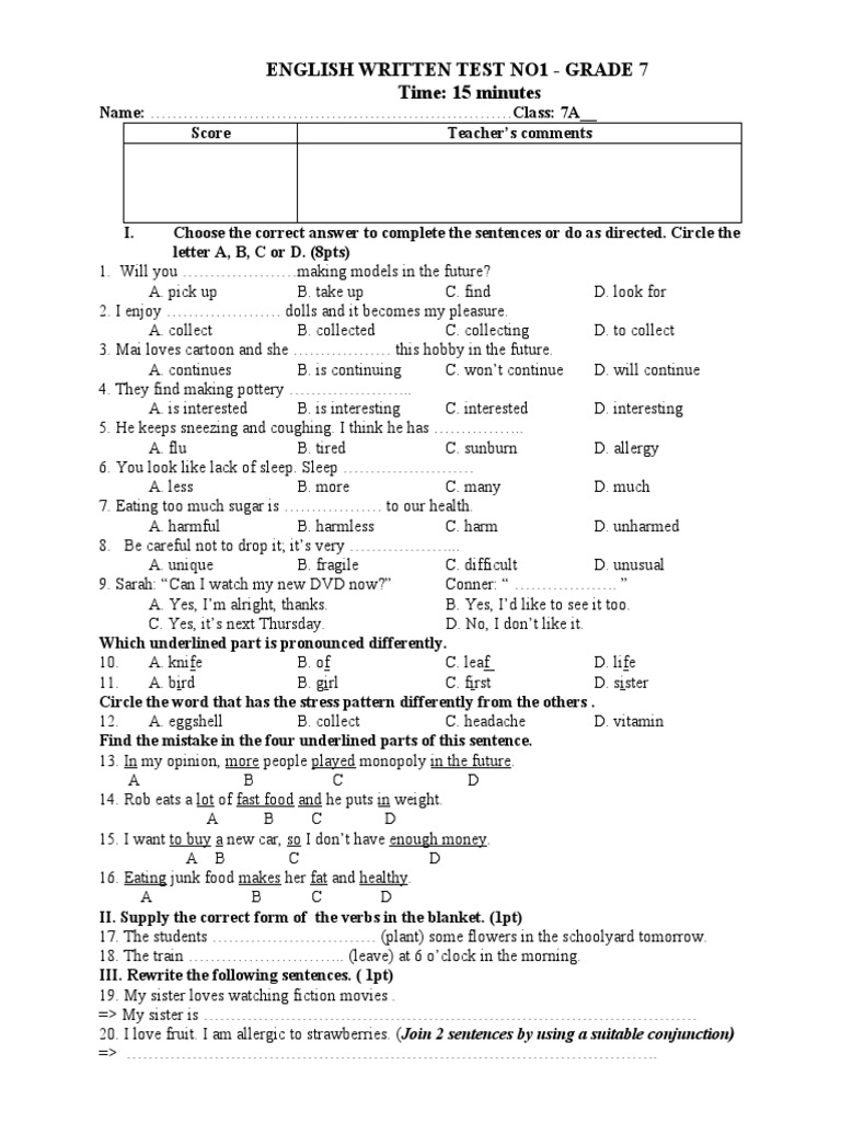 English Written Test No1 - Grade 7 Time: 15 Minutes | PDF