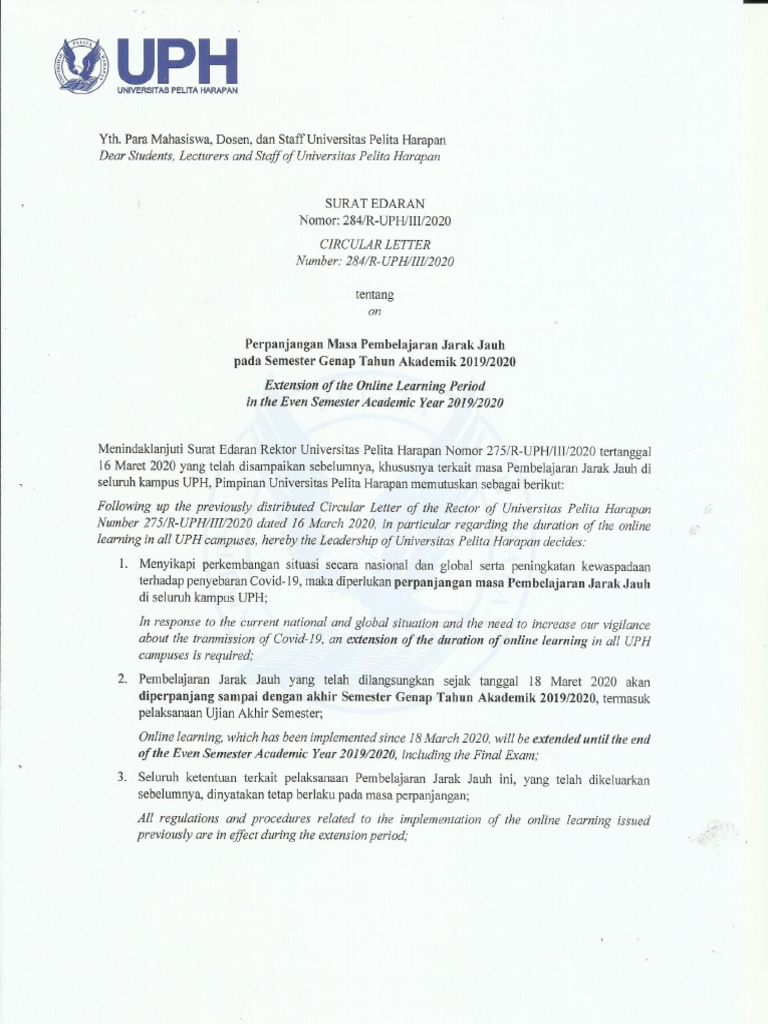 Surat Edaran No 284-R-UPH-II-2020 (Perpanjangan Masa Pembelajar (2387) | PDF