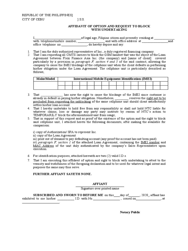 Affidavit to Block IMEI for Loan Default | PDF | Affidavit | Mobile Phones