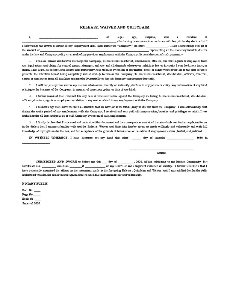 Comprehensive Release, Waiver and Quitclaim | PDF | Affidavit | Employment