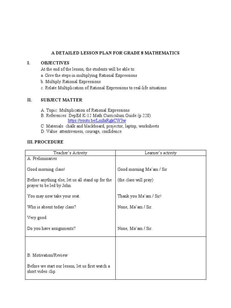Grade 8 Lesson Plan: Rational Expressions | PDF | Algebra | Elementary ...