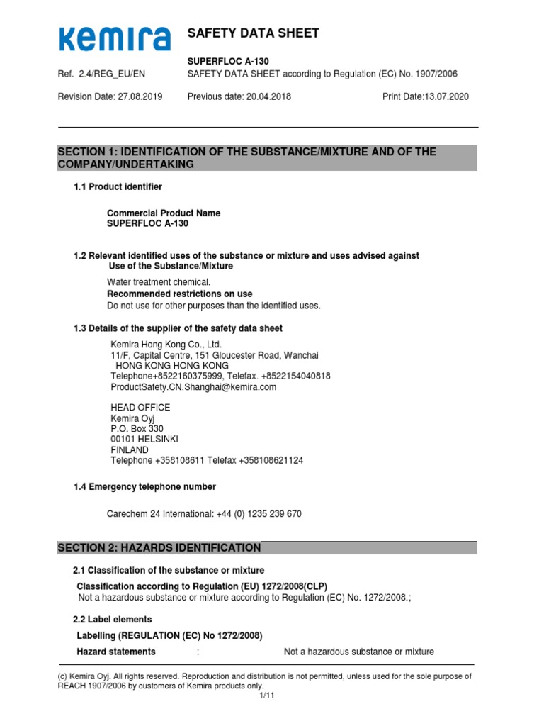 Sds Superfloc A 130 European Union en v2 4 | PDF | Toxicity | Volatile ...