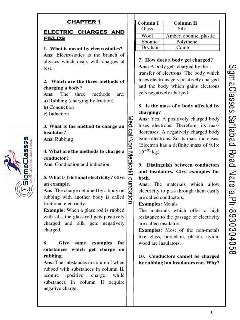 Chapter 1 - Electric Charges and Fields | PDF | Electric Charge ...