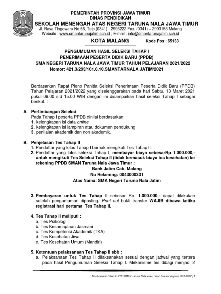 Pegumuman Hasil Seleksi Tahap I PPDB Sman Taruna Nala Jatim Tahun 2021 | PDF | Karier ...