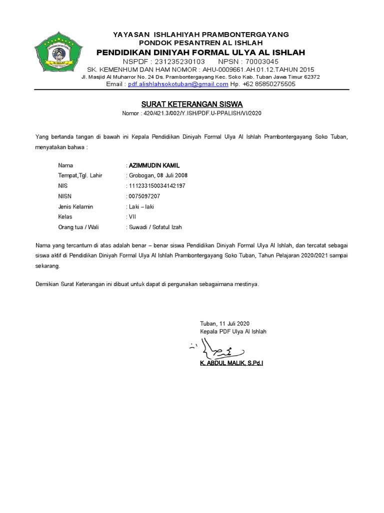 Surat Keterangan Santri | PDF