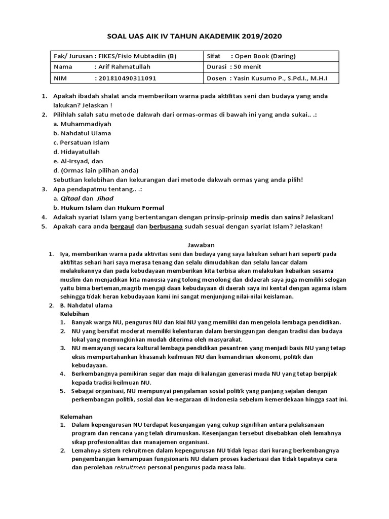 Soal Dan Jawaban Uas Aik Arif Rahmatullah | PDF
