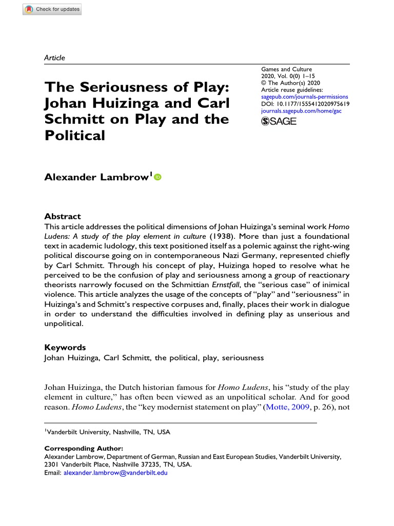 The Seriousness of Play: Johan Huizinga and Carl Schmitt On Play and ...