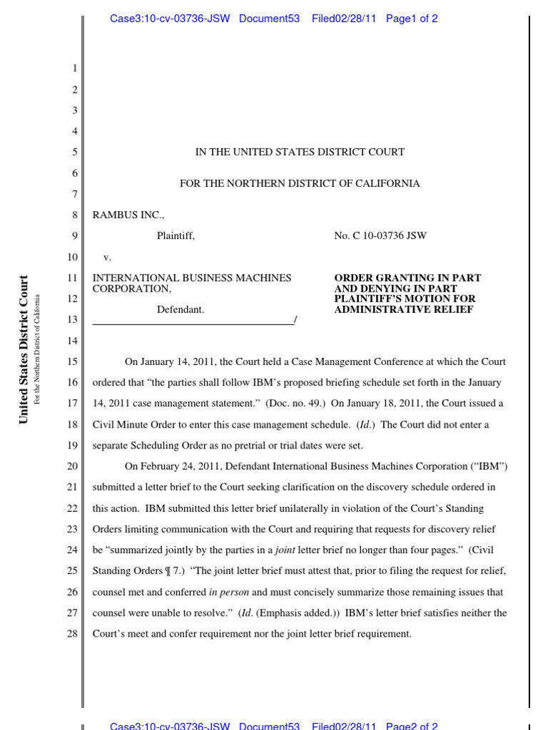 Order Granting in Part and Denying in Part Plaintiff'S Motion For Administrative Relief | PDF ...