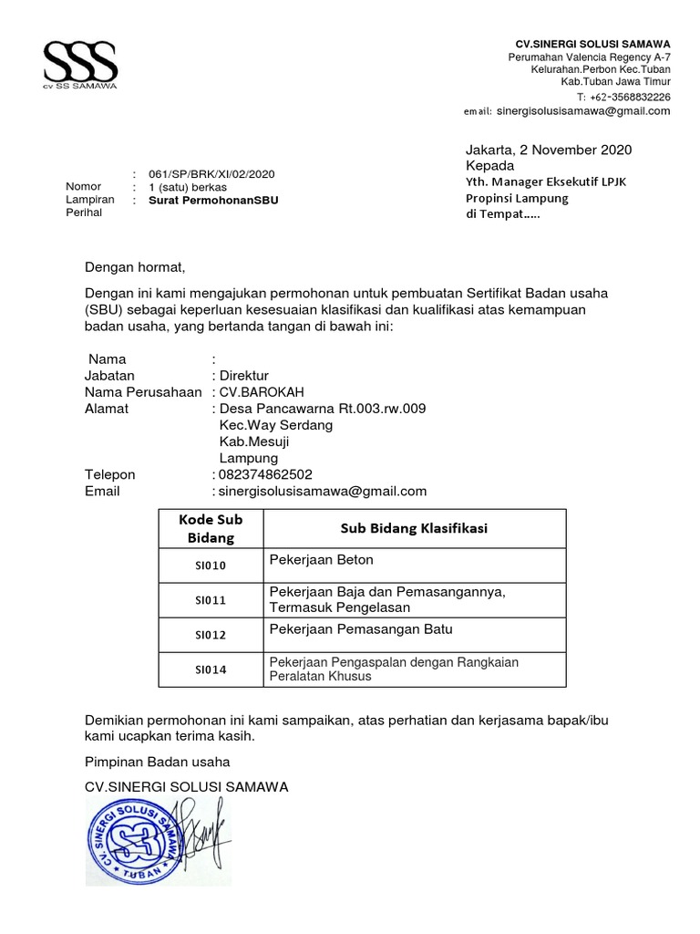 Surat Permohonan Sbu SP | PDF