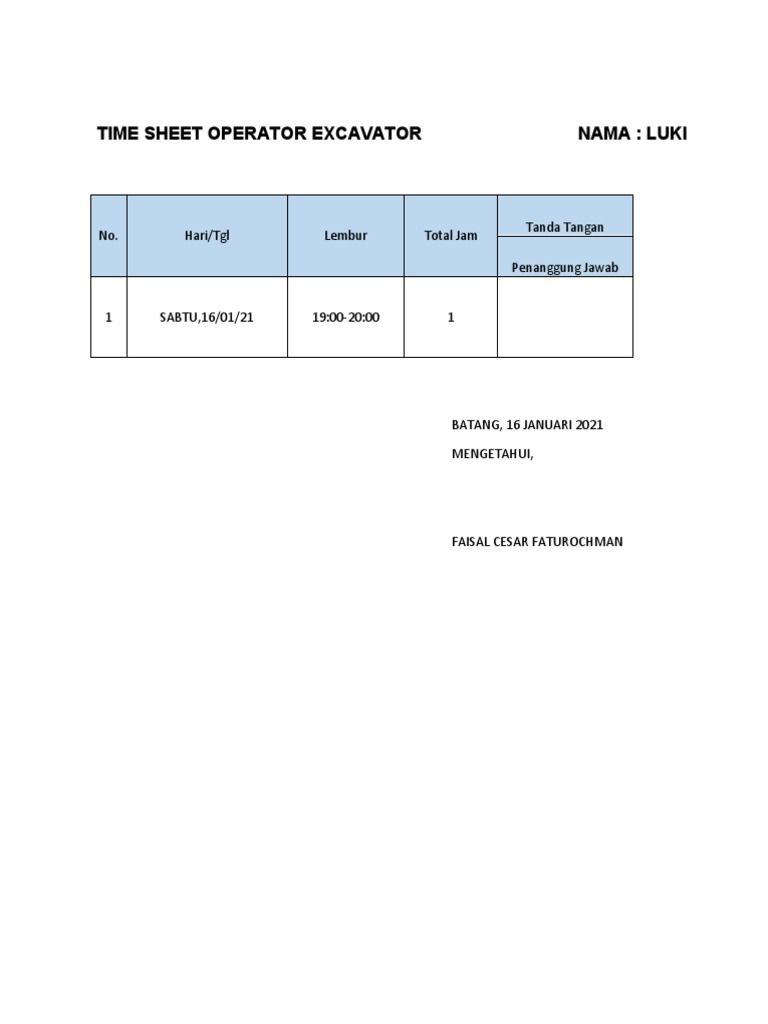 Time Sheet Operator Excavator | PDF