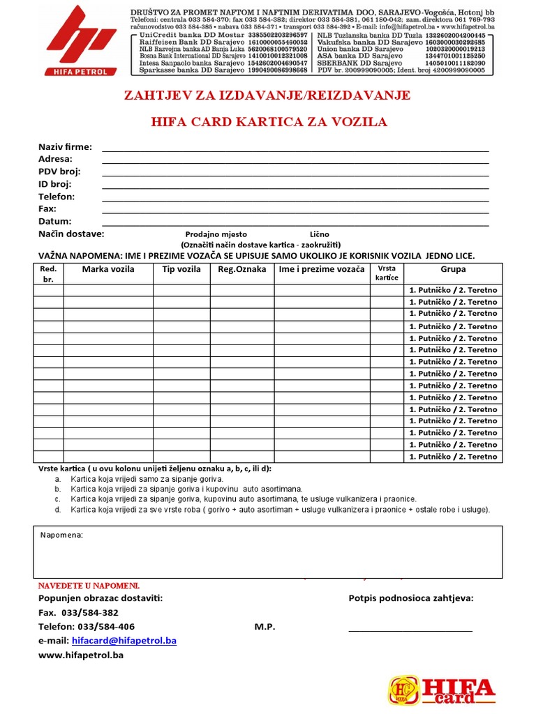 Zahtjev Za Izdavanje Hifa Card | PDF