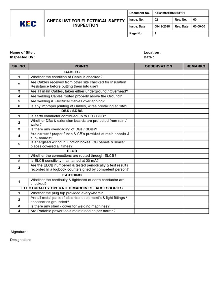 Checklist For Electrical Safety Inspection | PDF | Electrical Wiring ...