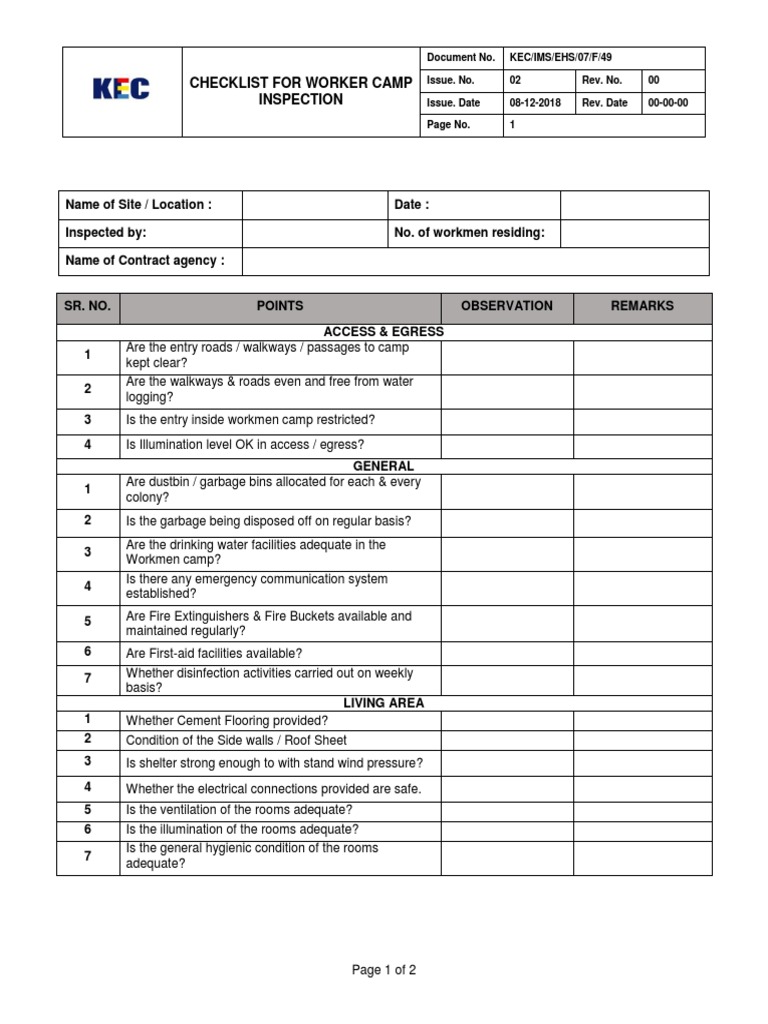 Checklist For Worker Camp | PDF | Kitchen | Toilet