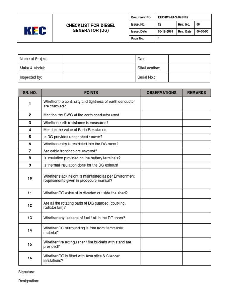 Checklist For DG Inspection | PDF