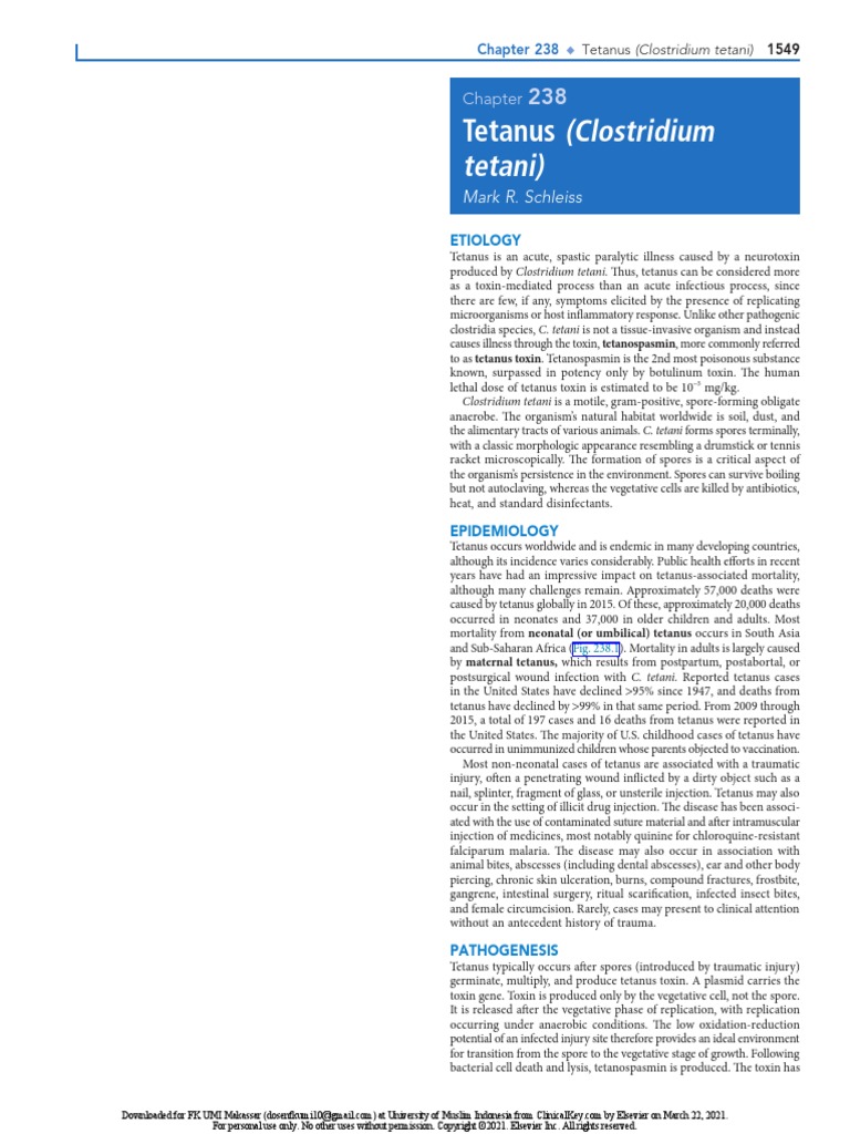 Tetanus (Clostridium Tetani) : Mark R. Schleiss | PDF | Immunology ...