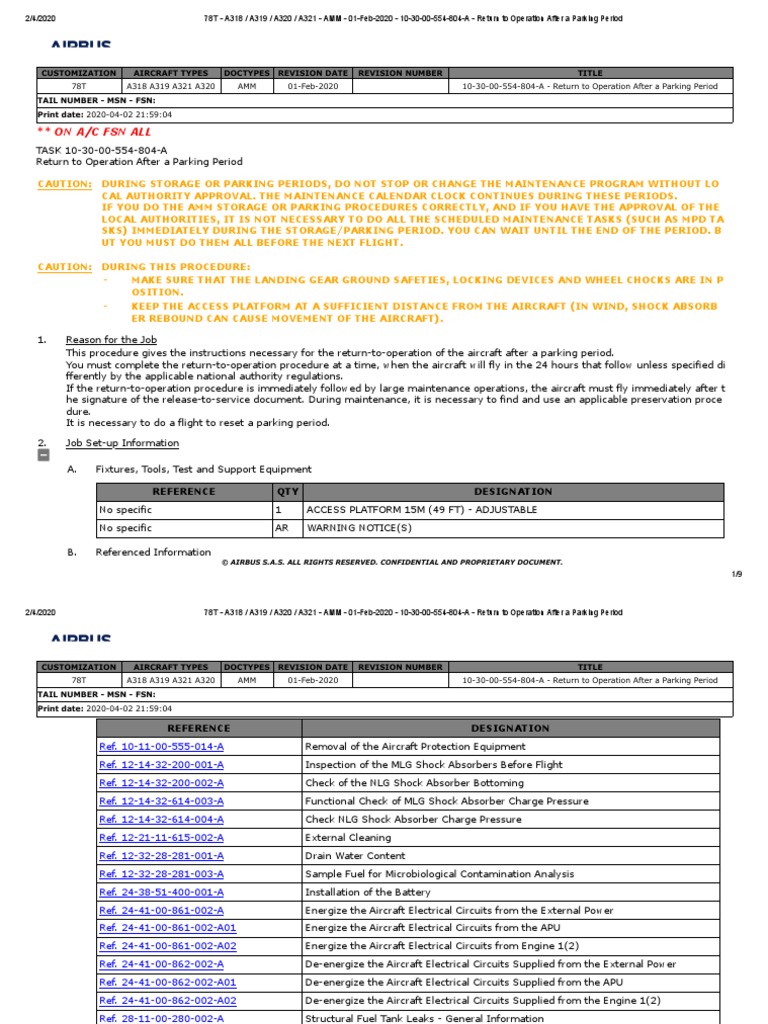 AMM 10-30-00-554-804-A - Return To Operation After A Parking Period ...
