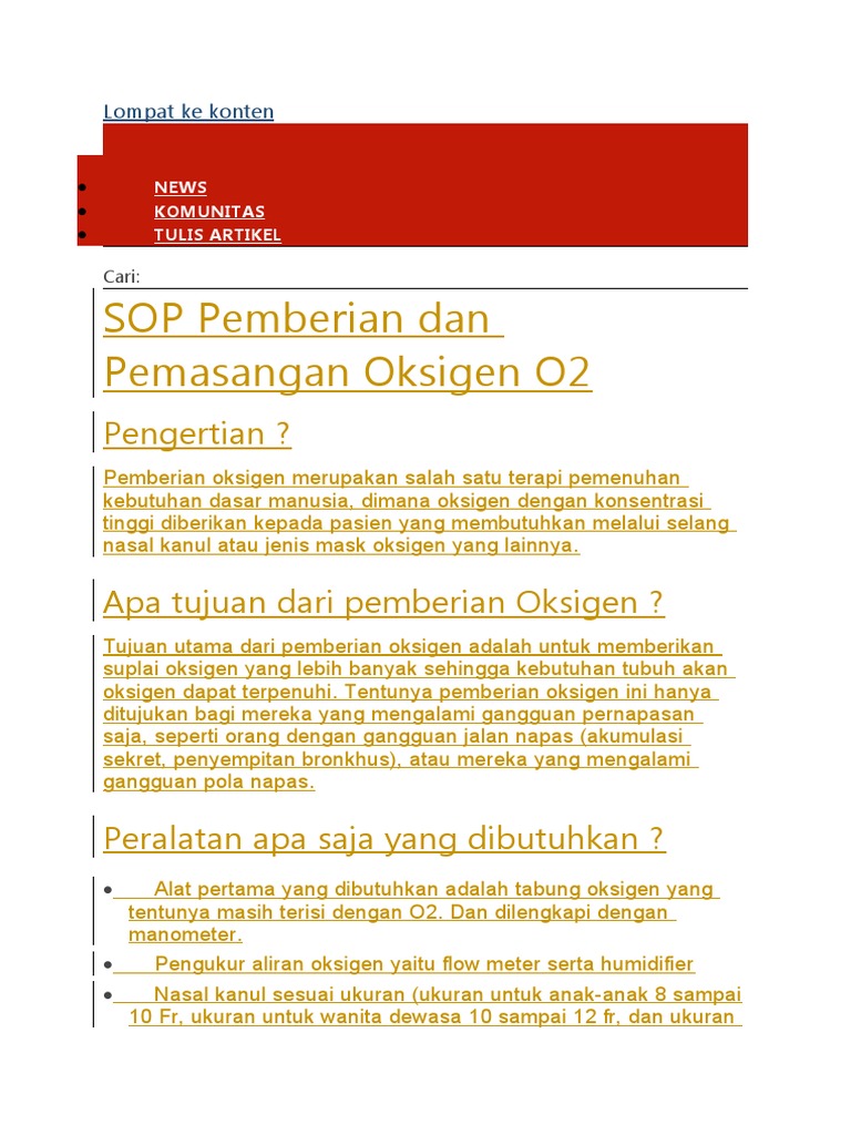 SOP Pemberian Oksigen O2 | PDF