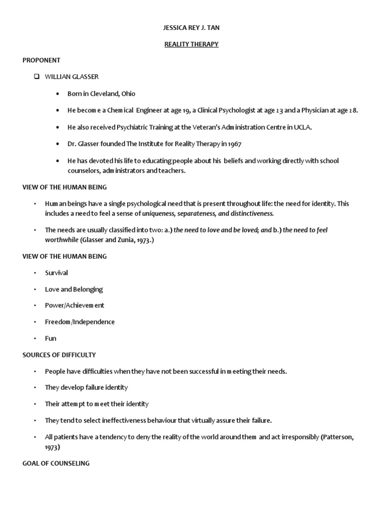 JTAN Reality Therapy Handouts | PDF | Therapy | Psychotherapy