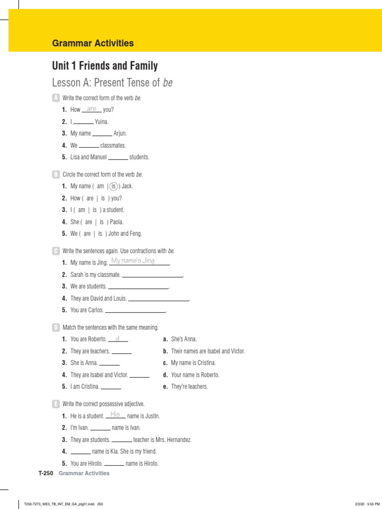 Lesson A: Present Tense of Be: Unit 1 Friends and Family | PDF
