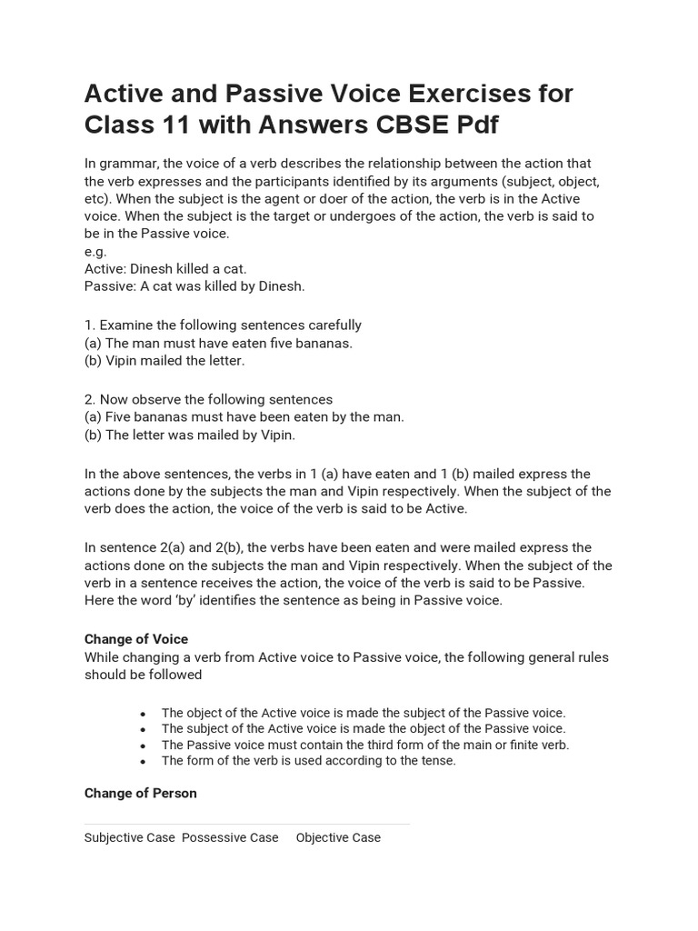 Active and Passive Voice Exercises CBSE Class 11 | PDF | Verb | Subject ...