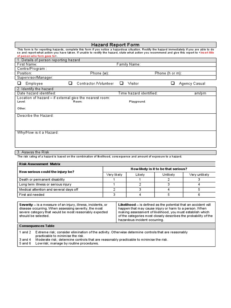 Hazard Report Form Sample | PDF | Hazards | Risk Assessment