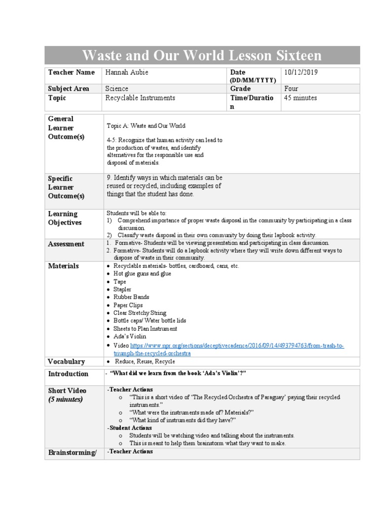 Recyclable Instruments Lesson Plan | PDF | Recycling | Waste Management