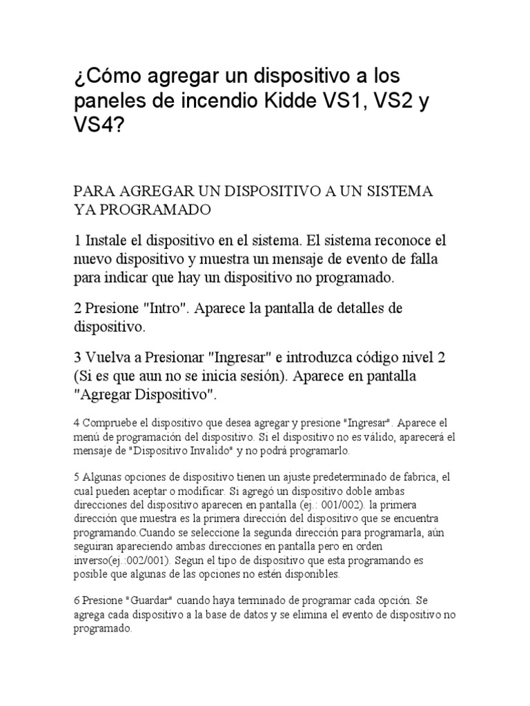 Cómo Agregar Un Dispositivo A Los Paneles de Incendio Kidde VS1 - 2 | PDF