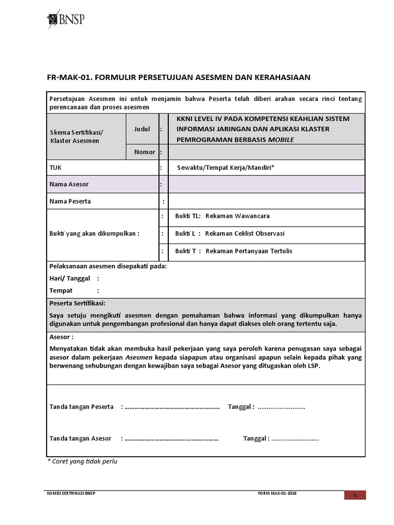 FORM MAK 01 - Persetujuan Asesmen | PDF