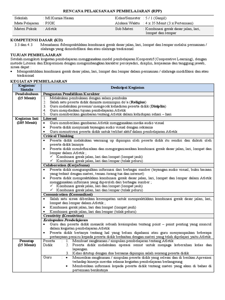 Dicariguru - Com - RPP PJOK Kelas 5 Semester 1 - Atletik | PDF