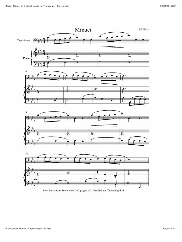 Bach - Minuet in G Sheet Music For Trombone | PDF