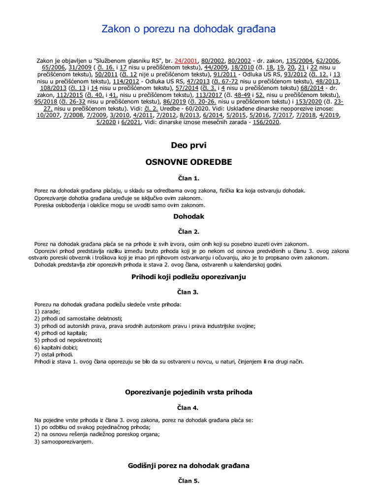 Zakon o Porezu Na Dohodak Gradjana | PDF