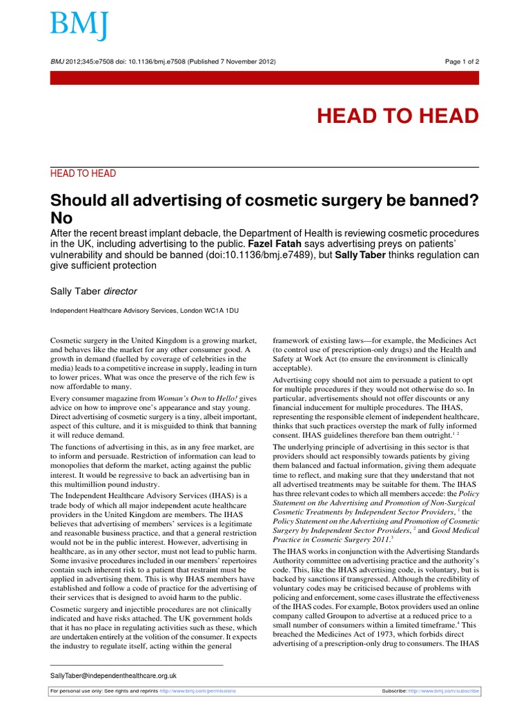 Head To Head: Should All Advertising of Cosmetic Surgery Be Banned? No ...