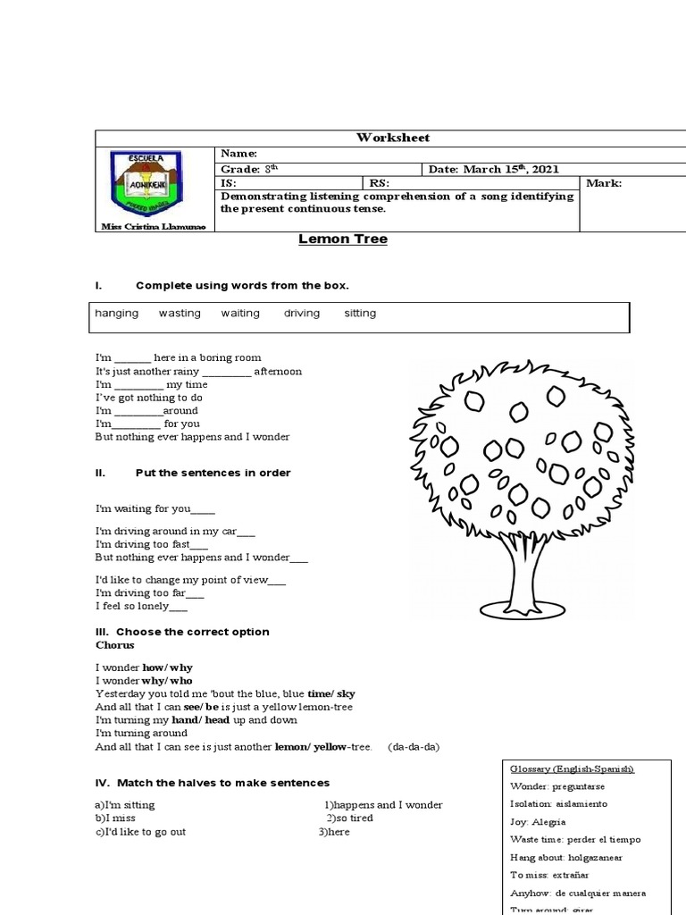 8° Worksheet - Lemon Tree - Present Continuous | PDF