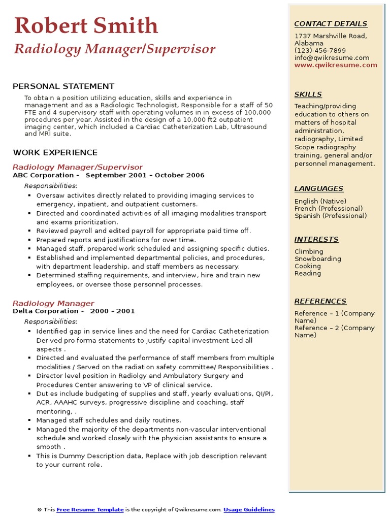 Robert Smith: Radiology Manager/Supervisor | PDF | Medical Imaging ...