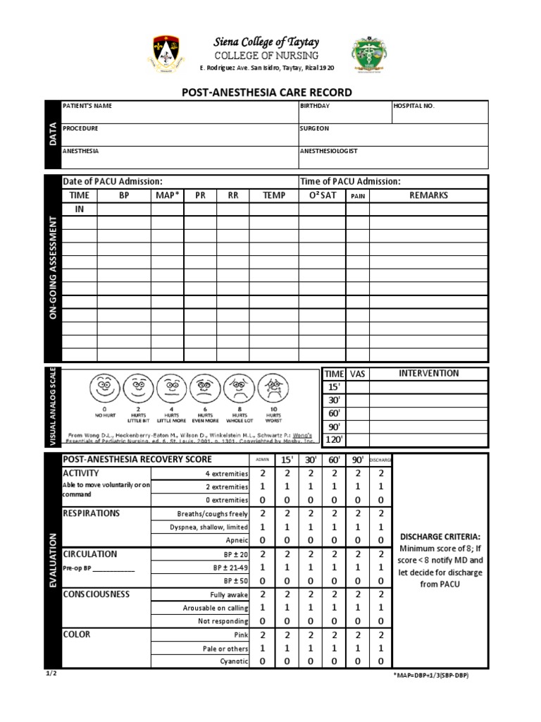 PACU Monitoring Sheet - RR Record - SCT-CON | PDF | Surgery | Health ...