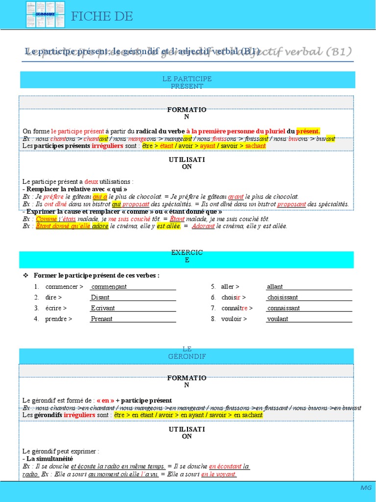 Participe Présent et Gérondif en Français | PDF | Verbe | Typologie ...