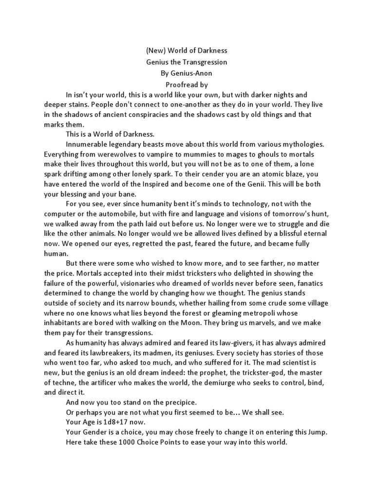 WoD - Genius The Transgression JumpChain | Download Free PDF | Genius ...