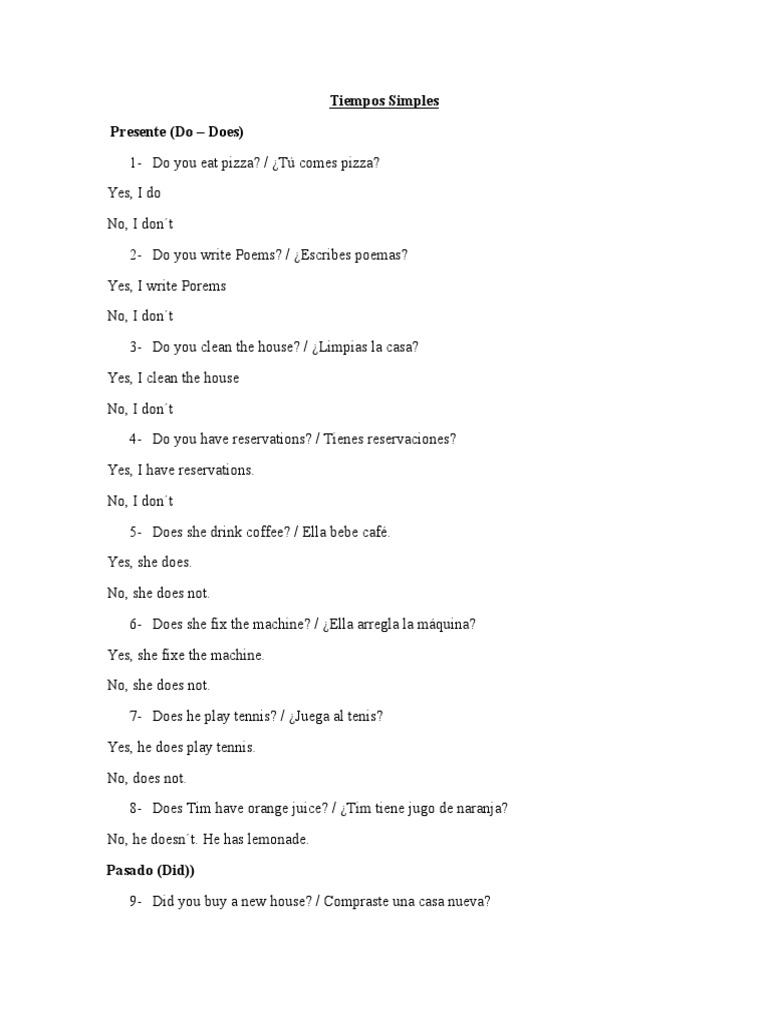 Tiempos Simples Presente (Do - Does) | PDF
